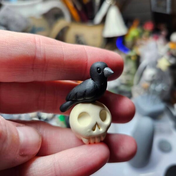 Mini Polymer Clay Crow Sitting on a Skull - Etsy