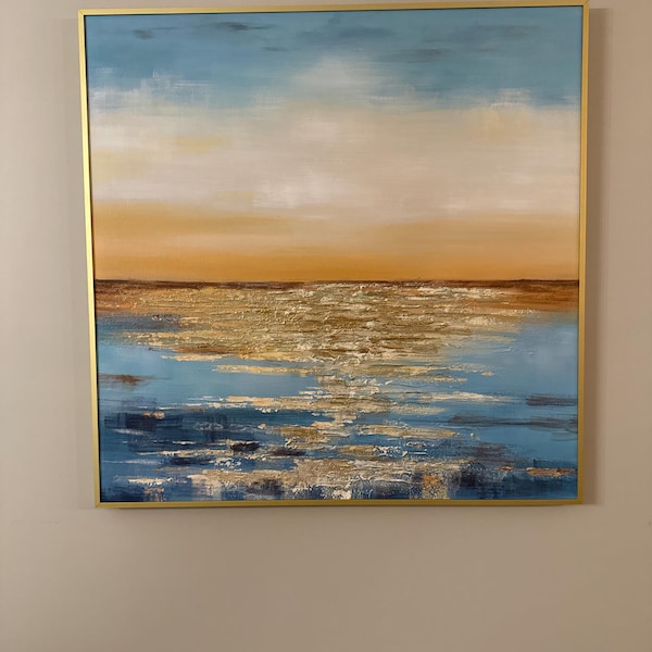 Navy Blue Abstract Canvas Art Emerald Green Wall Art Extra Large Beige ...