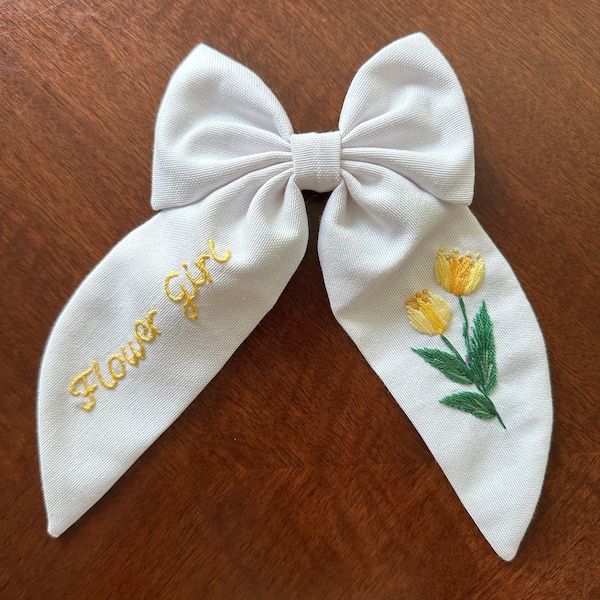Personalized Named Hand Embroidered Hair Bow Coguina Red Flower Girl ...