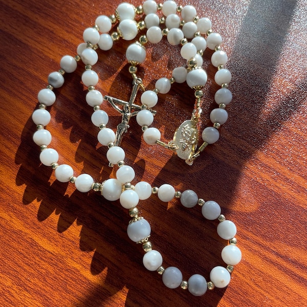 Modern White Catholic Rosary - Gold - Catholic Rosary - Gemstone Rosary ...