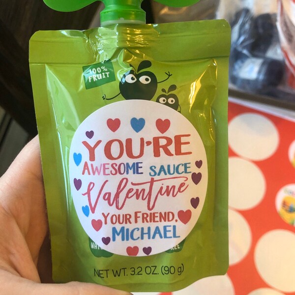 12 Printed 2.5 Inch Apple Sauce Awesome Sauce Kids Classroom Valentines ...