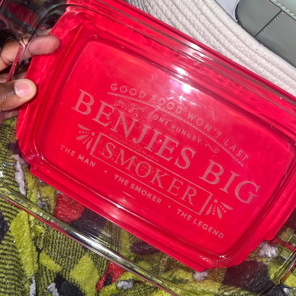 Customizable BBQ, Grill or Smoker Etched Glass Pan With Blue or Red Lid ...