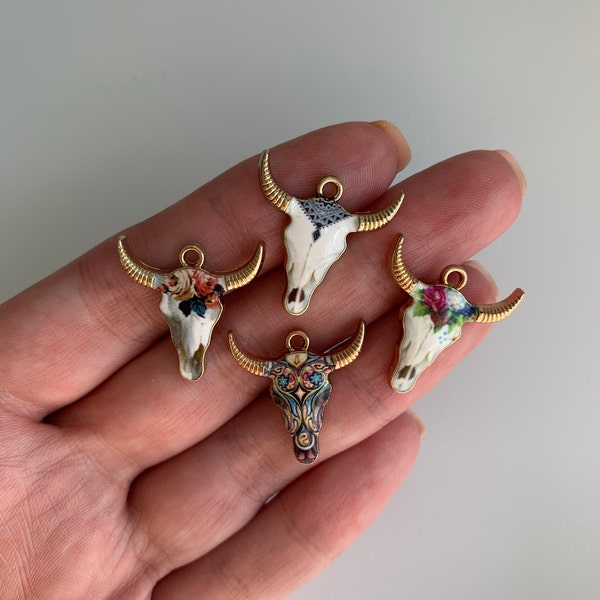 Bull Charm Necklace With Gold and Enamel Chain, Cow Steer Charm - Etsy