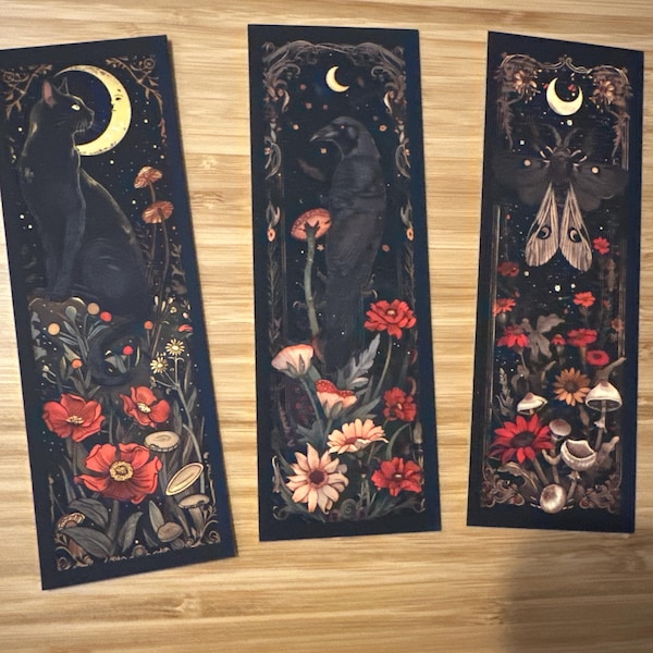 Fantasy Raven Black Cat Moth Moon Mushrooms Witchy Soft Touch Laminate ...