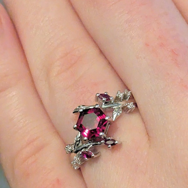 Hexagon Cut Red Ruby Engagement Ring Solid 14k Rose Gold Branch Leaf ...