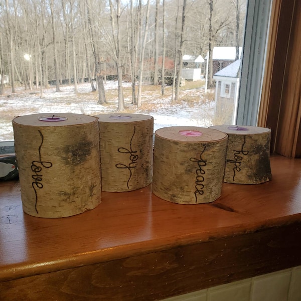 Christmas Advent Wreath, Set of Four Birch Candles With Words Peace ...