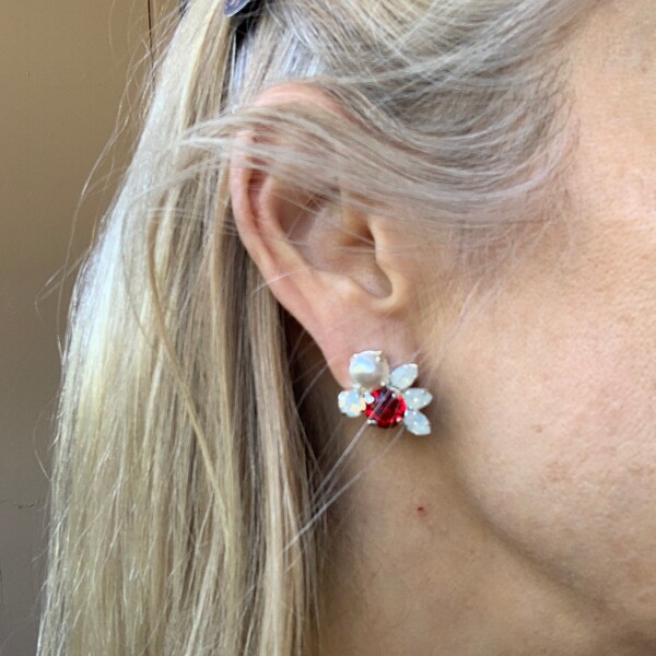 Red Ruby Crystal Earrings, Bridal Red Cluster Crystal Earrings ...