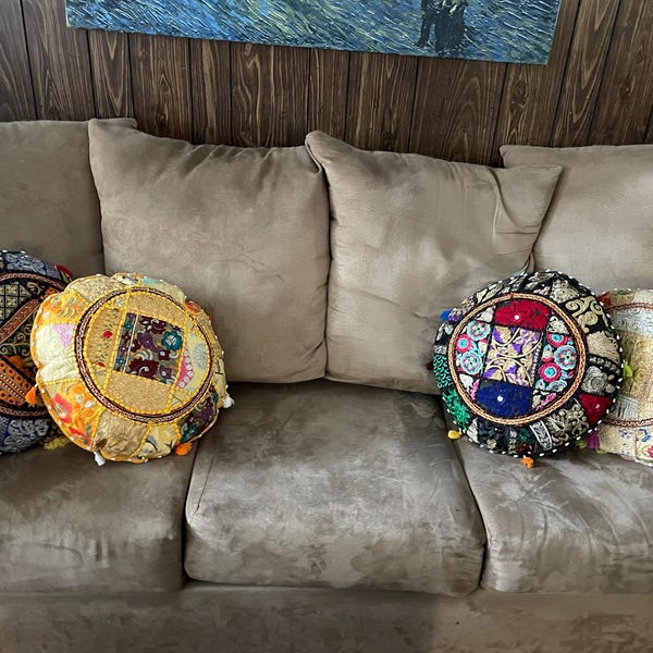 Round Cushions Boho Pillows Cover Patchwork Cushion Floor Cushions Colorful Embroidered Cushions ...