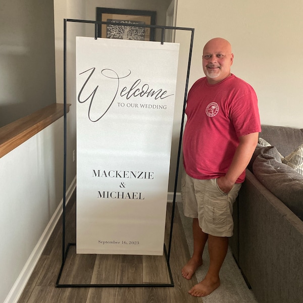 White Curtain Wedding Welcome Sign With Stand, Curtain Print Welcome ...