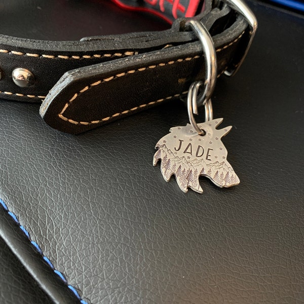 Wolf Dog Tag, Dog Tag for Dogs, Hand Stamped, Dog Tag, Mountain, Tree ...