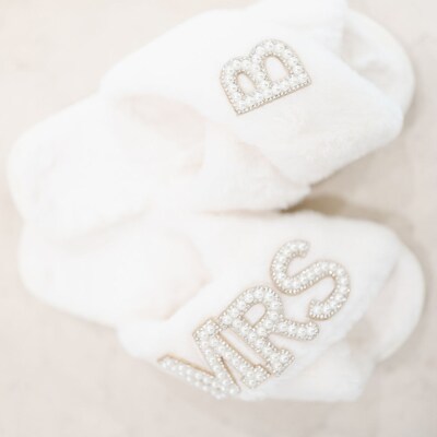 Bride Gift Pearls Slippers Rhinestone Fluffy Slippers Bridal Shower ...
