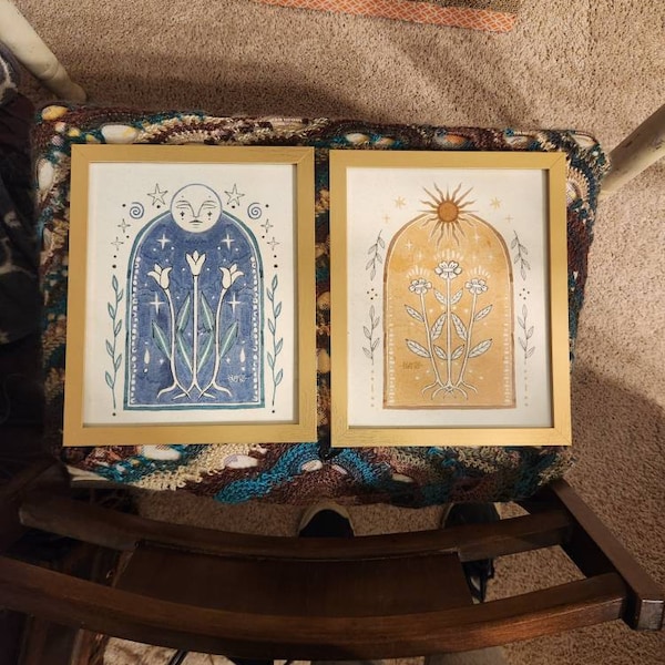 Spiritual Art Print Moon Phase Illustration Boho Gift Idea Blue Folk ...