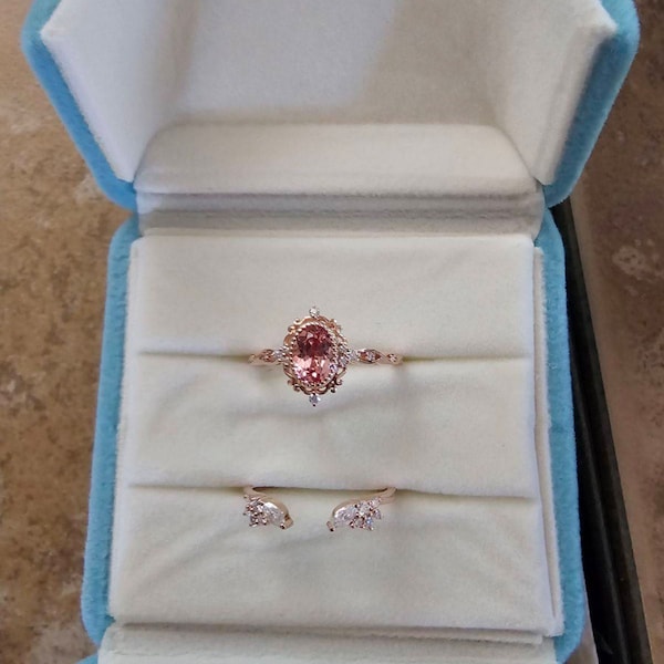 Vintage Peach Sapphire Engagement Ring Set Delicate Pinky Wedding Ring ...