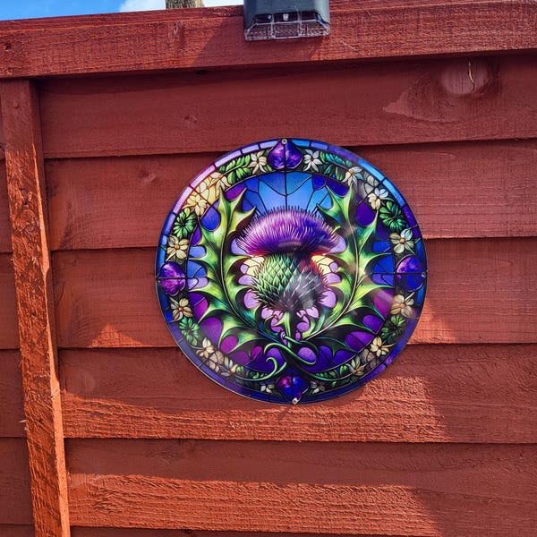 Thistle Sign: Faux Stained Glass Scottish Metal Wall Art, Garden Décor ...