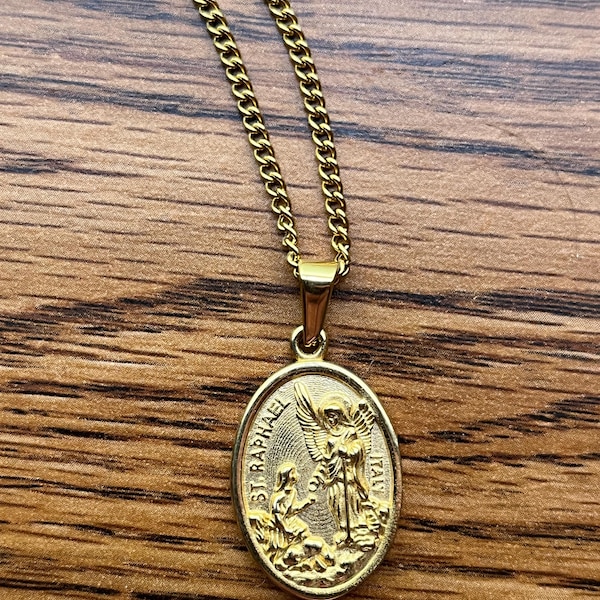 18k Gold St Raphael Pendant Saint Raphael Medal Archangel Raphael ...