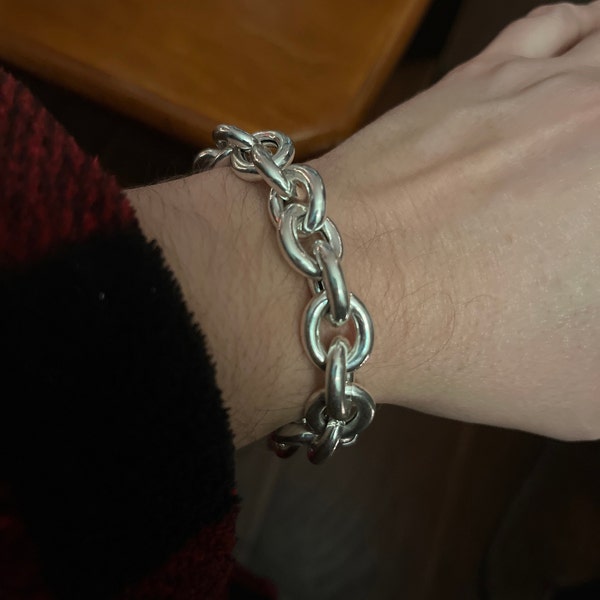 Rolo Chain Heart Bracelet, Statement 925 Silver Bracelet, Silver Chunky ...