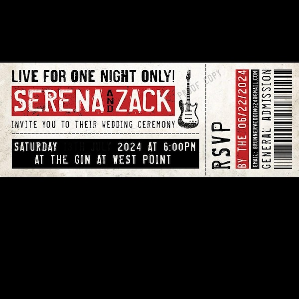 Personalised Rock Concert, Gig Ticket Wedding Invite, Invitations, Save ...