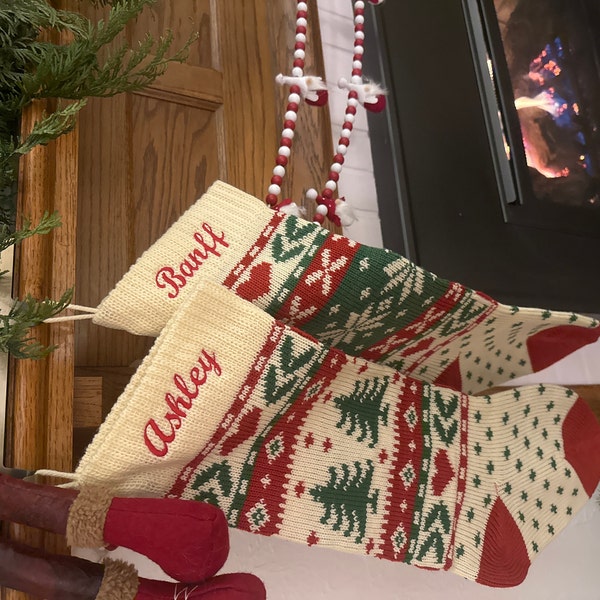 Personalized Knit Stocking, Embroidered Knit Stockings, Red Knit ...