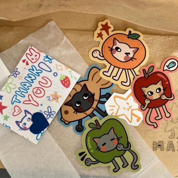 Cat Snack + Fruit Stickers | Aesthetic Cute Stickers + Sticker Pack - Etsy