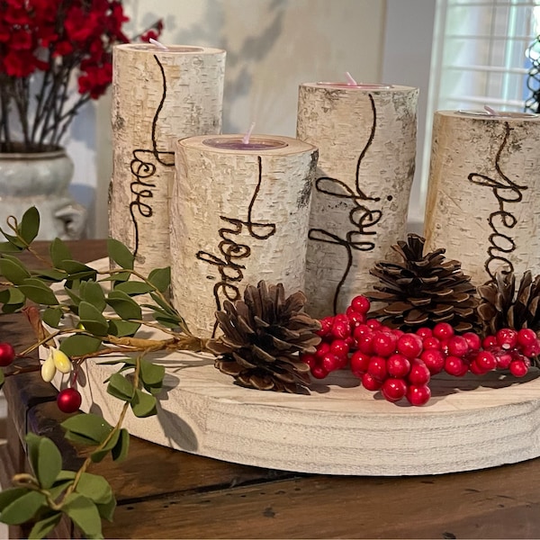 Christmas Advent Wreath, Set of Four Birch Candles With Words Peace ...