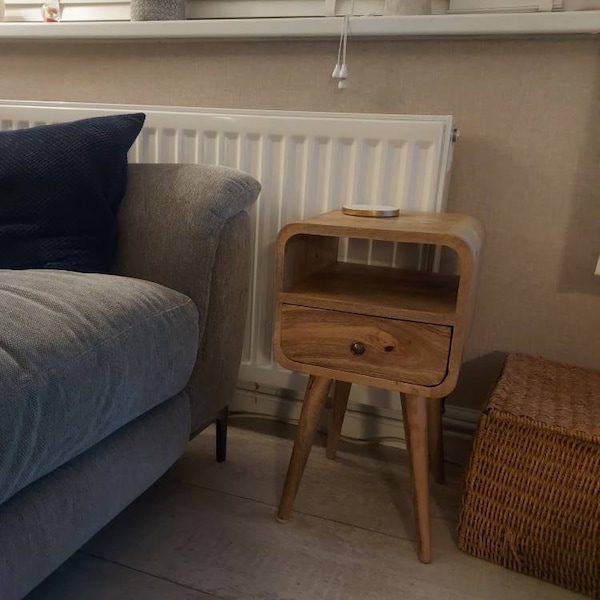 Small Curved Bedside Table With Open Shelf • Minimalist Bedside Table ...