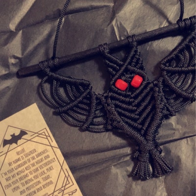 Hanging Macrame Bat Customizable Handmade Good Luck Charm Cute Spooky Ornament Pastel Goth Bat ...