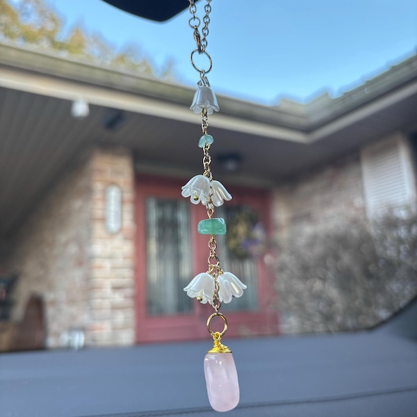 Lily of the Valley With Rose Quartz Car Rear View Mirror Charm, Car ...