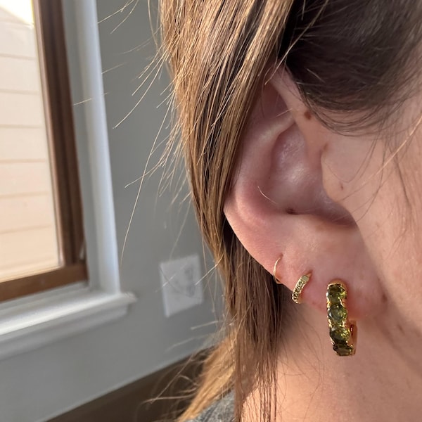Peridot Huggie Hoop Earrings • Gold Helix Hoop • Cartilage Hoop ...