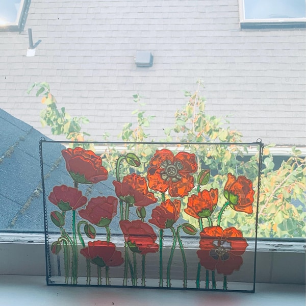 Poppy Flower Decor Gift, Red Poppies Stained Glass Painting Window ...