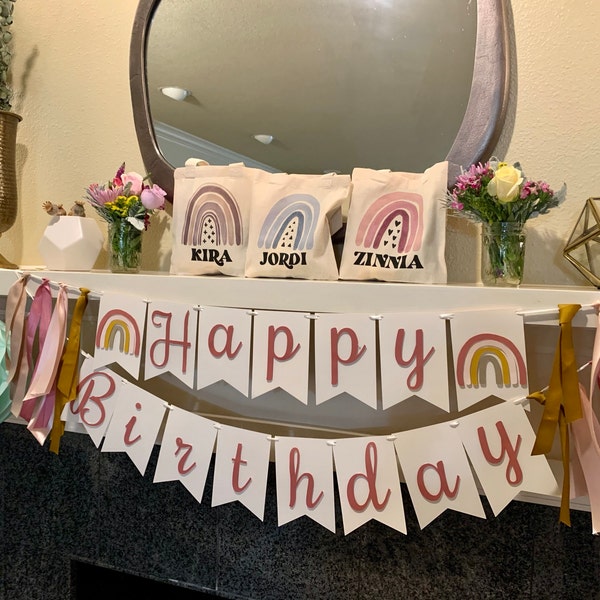 Boho Rainbow Happy Birthday Banner, Rainbow Theme Sign, Modern Rainbow ...