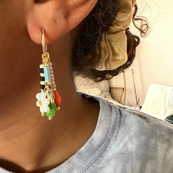 Colorful Dangle Earrings, Beaded Charm Earrings, Flower Hoop Earrings ...