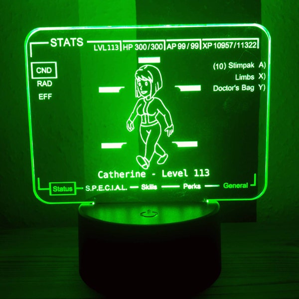 Custom Fallout Vault Girl Stat Screen Acrylic LED Light, Fallout Light, Video Game Light ...