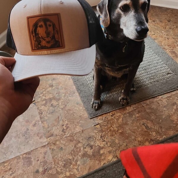 Custom Pet or Human Portrait Leather Engraved Hat, Trucker Hat, Leather ...