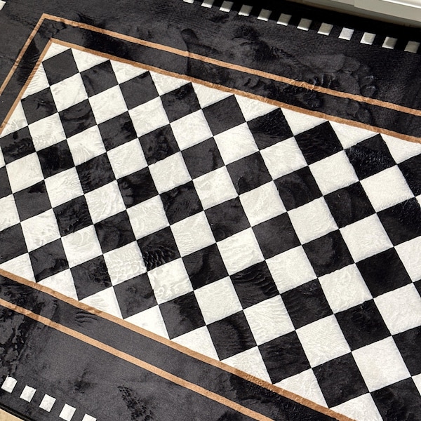 Checkered Rug, Black Border on Check Pattern Nonslip Area Rug, Black ...