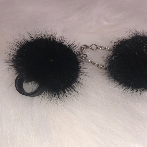Black Furry Ring, Mink Pompom Ring, Mink Finger Ring With Genuine ...