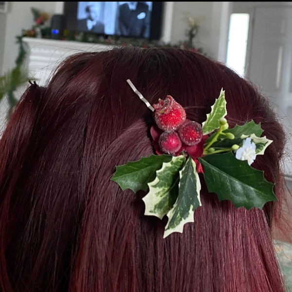 Holly Hair Pin,holly Leaves and Berries,variegated Holly Leaves,sugared ...