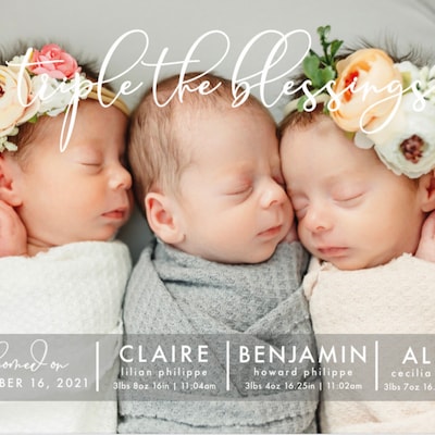Triplet Birth Announcement, Triple the Blessings, Multiples ...