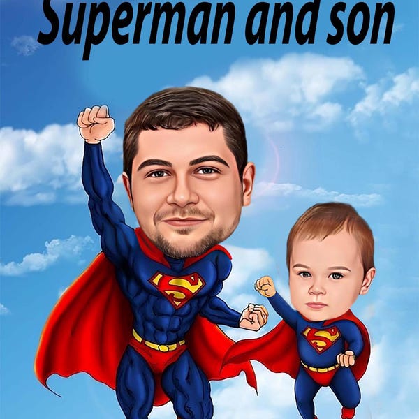 Custom Super Dad and Son Cartoon Portrait, Super Dad Portrait, Dad's ...