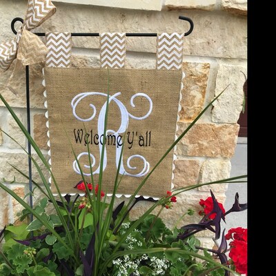 Custom Embroidery Single Letter Monogram Burlap Garden Flag Matching Chevron Tabs and Bow - Etsy