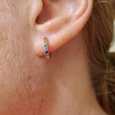 NEW Tiny Rainbow Hoop Earrings,gold Huggie Hoops,small Dainty Hoop ...