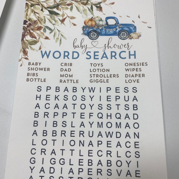Fall Pumpkin Blue Truck Baby Shower Word Search Game Fall Baby Sprinkle ...