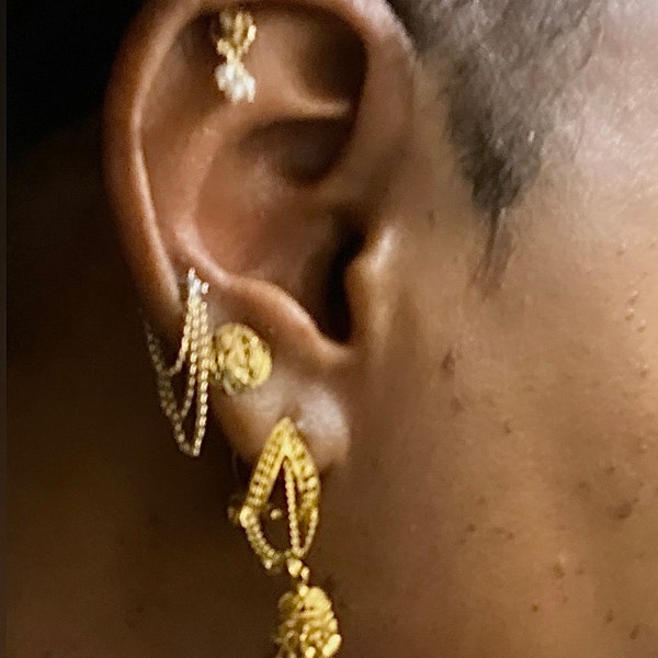 14K Solid Gold Triple Chain Attachment, Double Chain Piercing, Loop ...