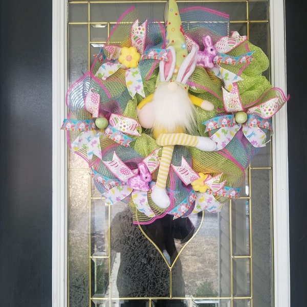 Festive Spring Easter Door Wreath With Colorful Eggs, Flowers & Bunny ...