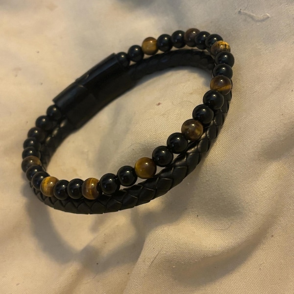 Mens Bracelet - Obsidian Tige's Eye Stone Bracelet - Leather Braided ...