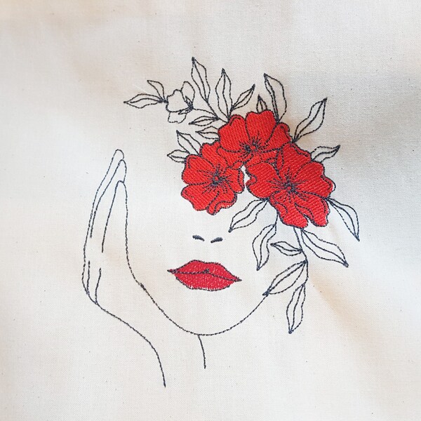 Lady With Flowers Embroidery Design, Line Art Embroidery File - Etsy