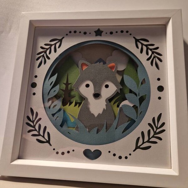 Forest Baby Wolf Shadow Box SVG Template, Colored Papercut Tree Shadow Box Cricut DXF, 3D ...