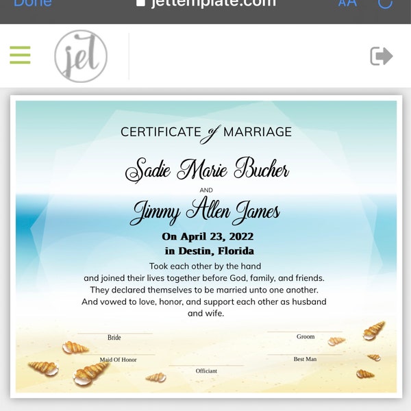 Beach Wedding Ceremony Certificate Template Editable Summer Beach ...