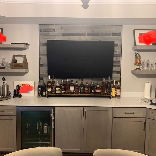 Rustic Bar Shelf | Liquor Bottle Display | Reclaimed Wood Tiered Riser ...