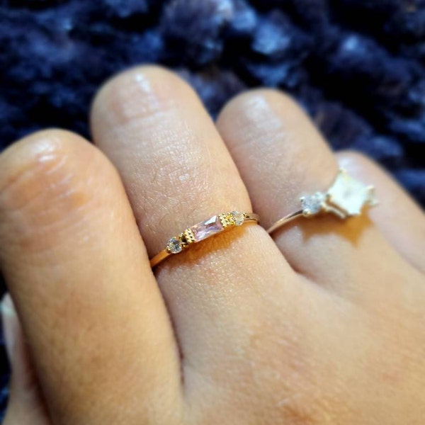 14K Solid Gold Baguette Birthstone Ring, Personalized Custom Gemstone ...