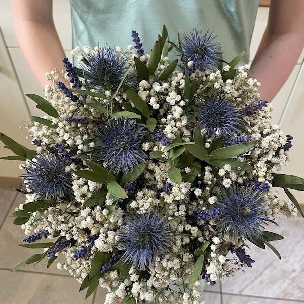 Dried Blue Thistle Bouquet, Scottish Wedding Flowers, Dried Flower Bouquet, Dried Gypsophila ...